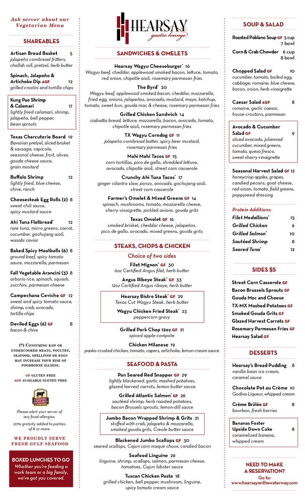 Menu at Hearsay On The Waterway restaurant, The Woodlands