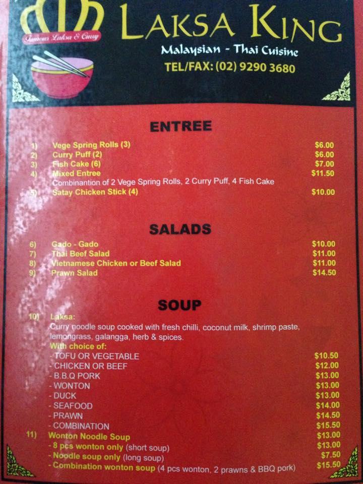 Menu at Laksa King restaurant, Sydney, 37-39 Erskine St