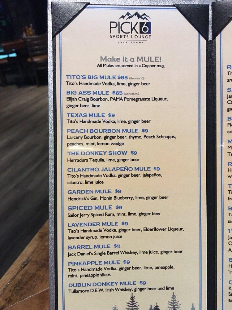 Menu at Pick 6 Sports Lounge Lake Tahoe pub & bar, South Lake Tahoe