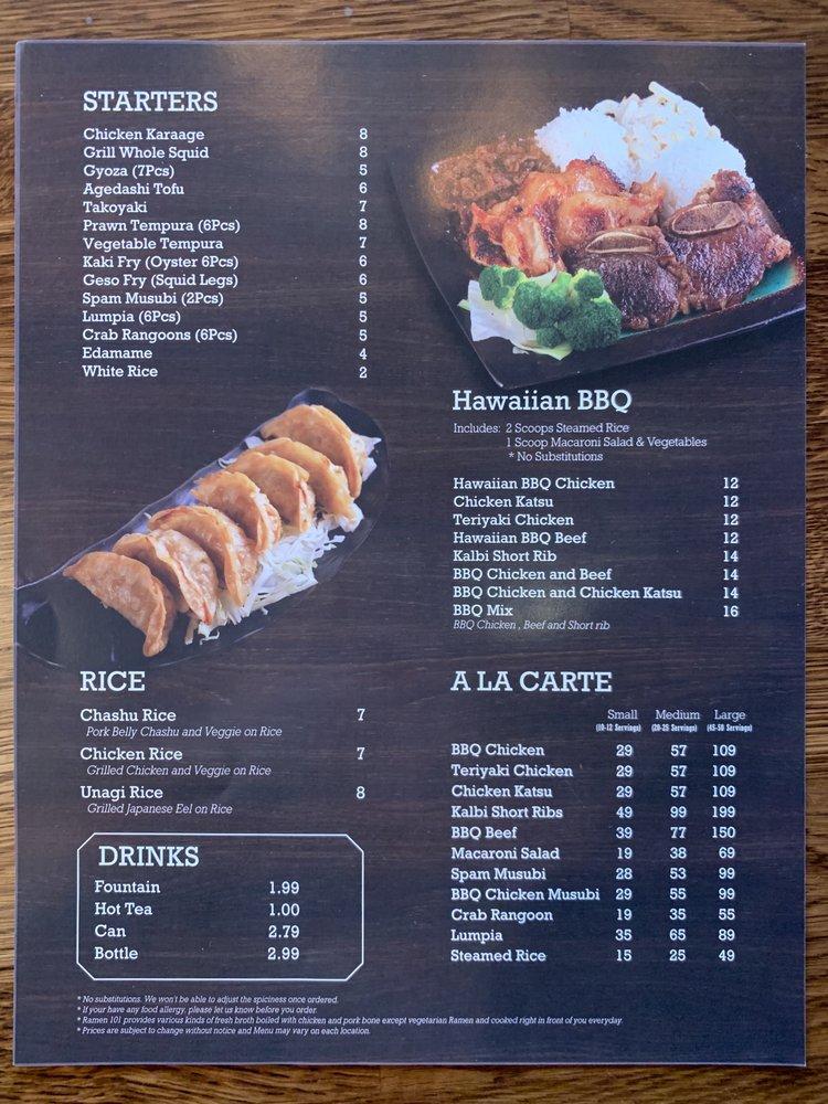 Menu at Ramen 101 restaurant, Milpitas