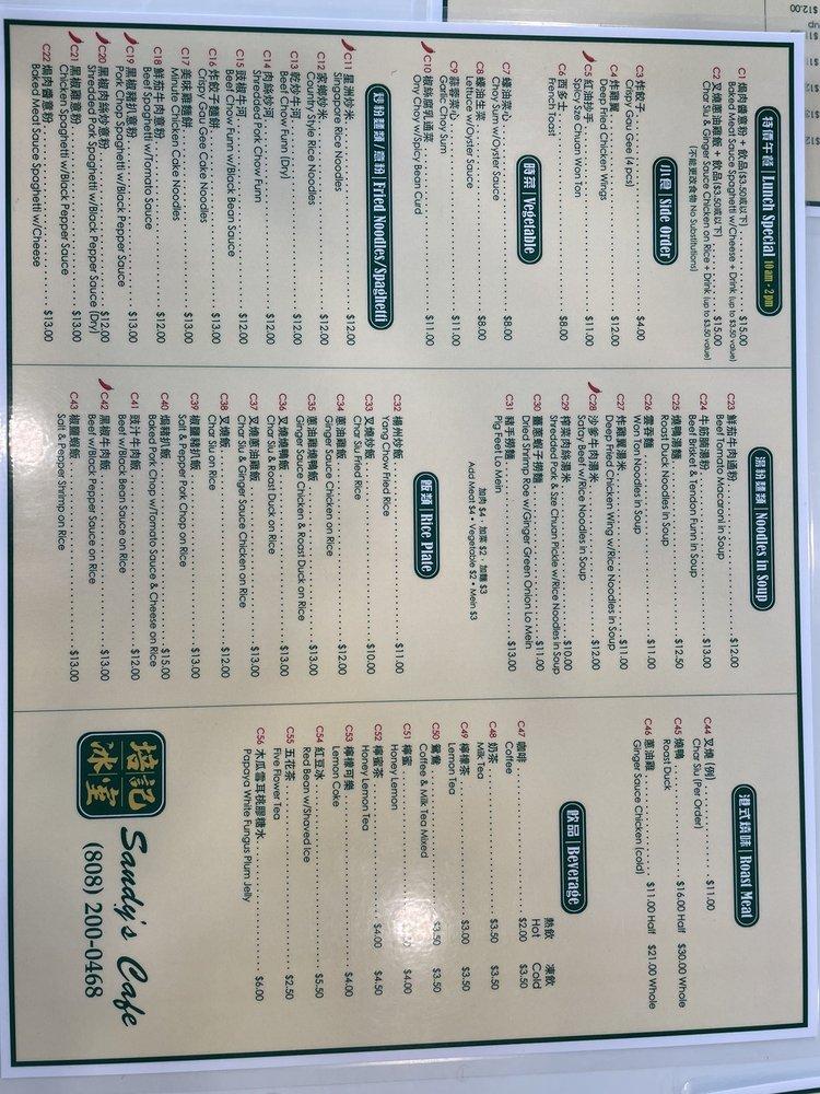 Menu at Sandy's Cafe, Honolulu, 100 N Beretania St