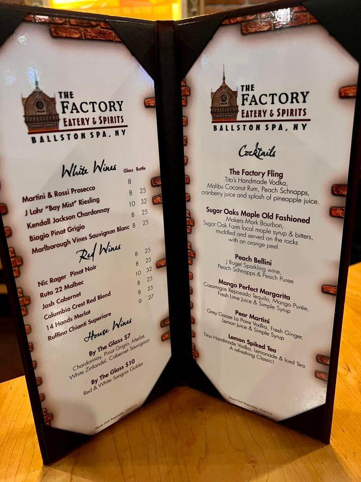 Menu at The Factory Eatery & Spirits pub & bar, Ballston Spa