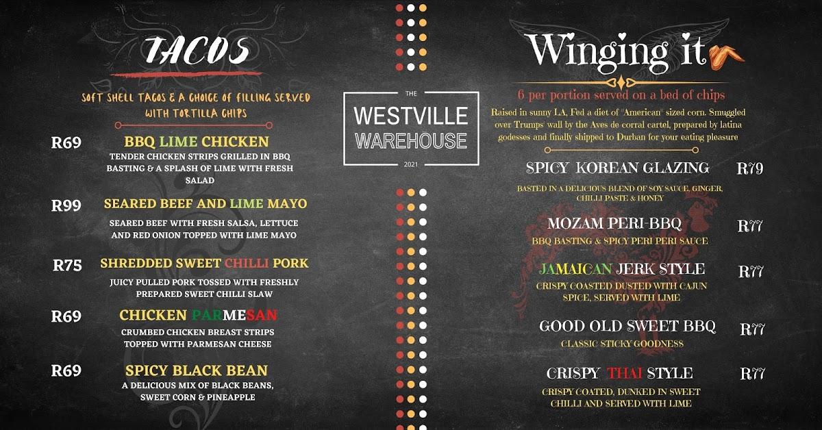 Menu at The Westville Warehouse pub & bar, Durban