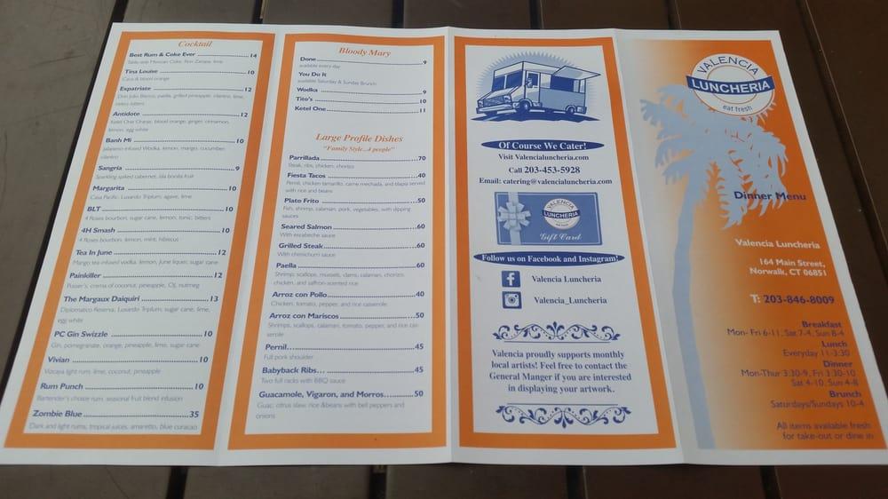 Menu at Valencia Luncheria restaurant, Norwalk