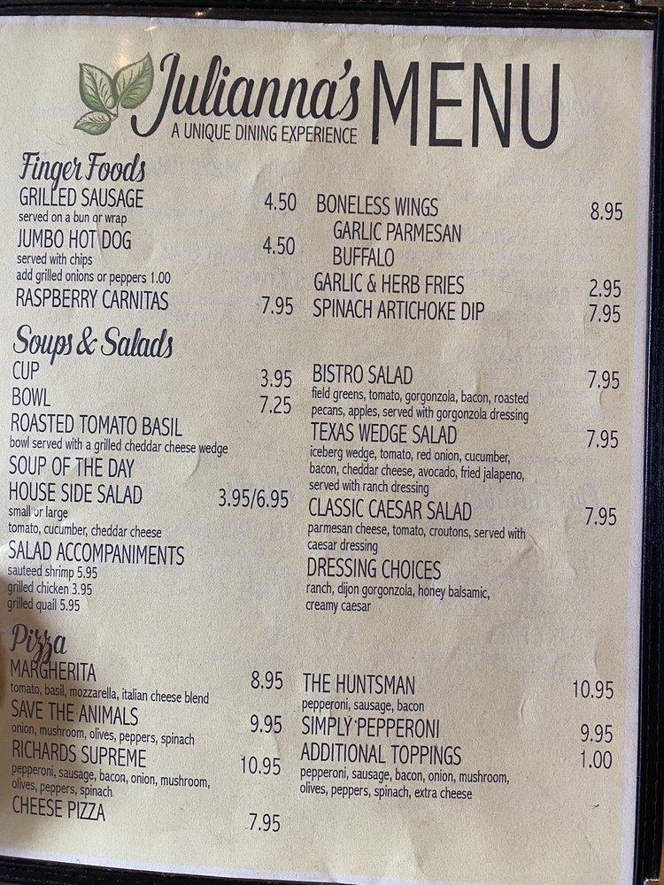 Menu at Julianna's Restaurant, USA, Co Rd 4516