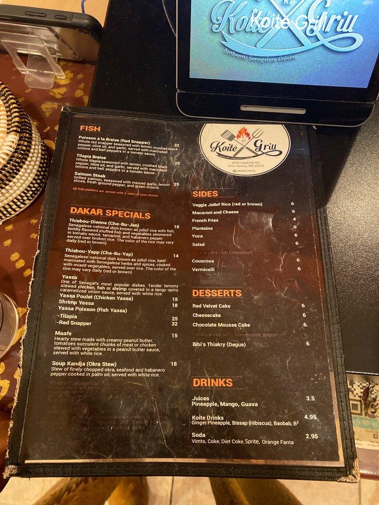 Menu at Koité Grill restaurant, Silver Spring