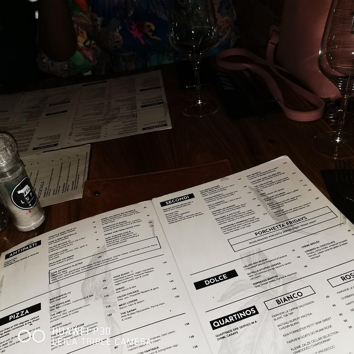 Menu at Lupa Osteria Westville restaurant, Durban, 124 Jan Hofmeyr Rd