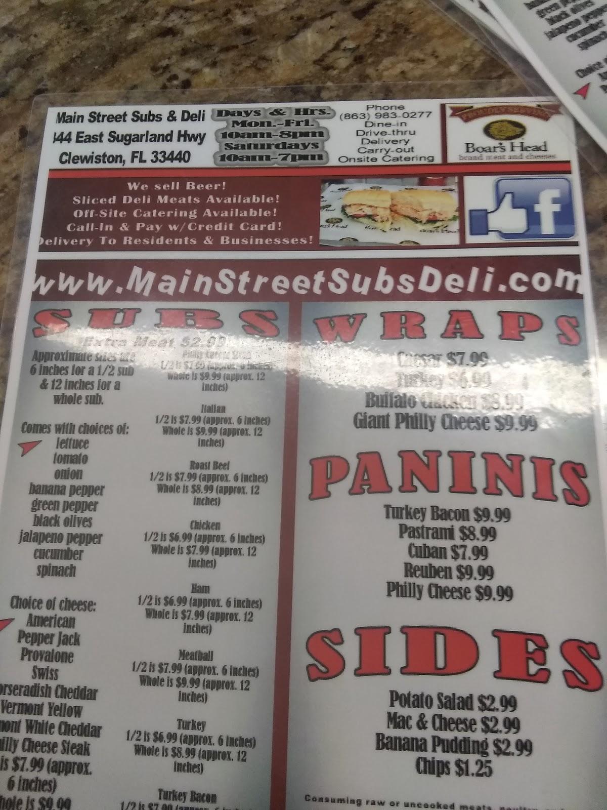 Menu at Main Street Subs and Pizza restaurant, Clewiston