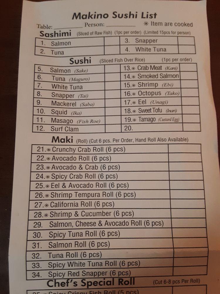 Menu at Makino Japanese Buffet restaurant, Knoxville