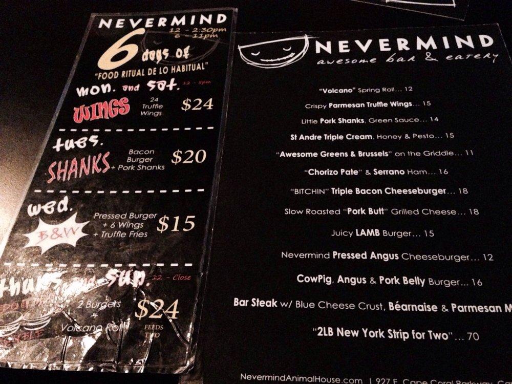 Menu at Nevermind Awesome Bar and The Hop, Cape Coral
