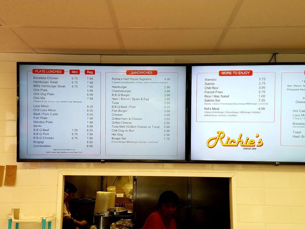 Menu at Richie's Drive Inn restaurant, Honolulu