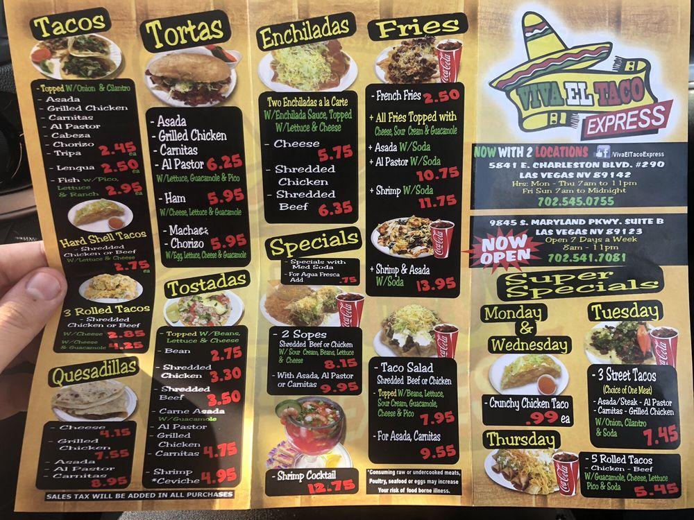 Menu at Viva El Taco Express restaurant, Las Vegas, S Maryland Pkwy # B