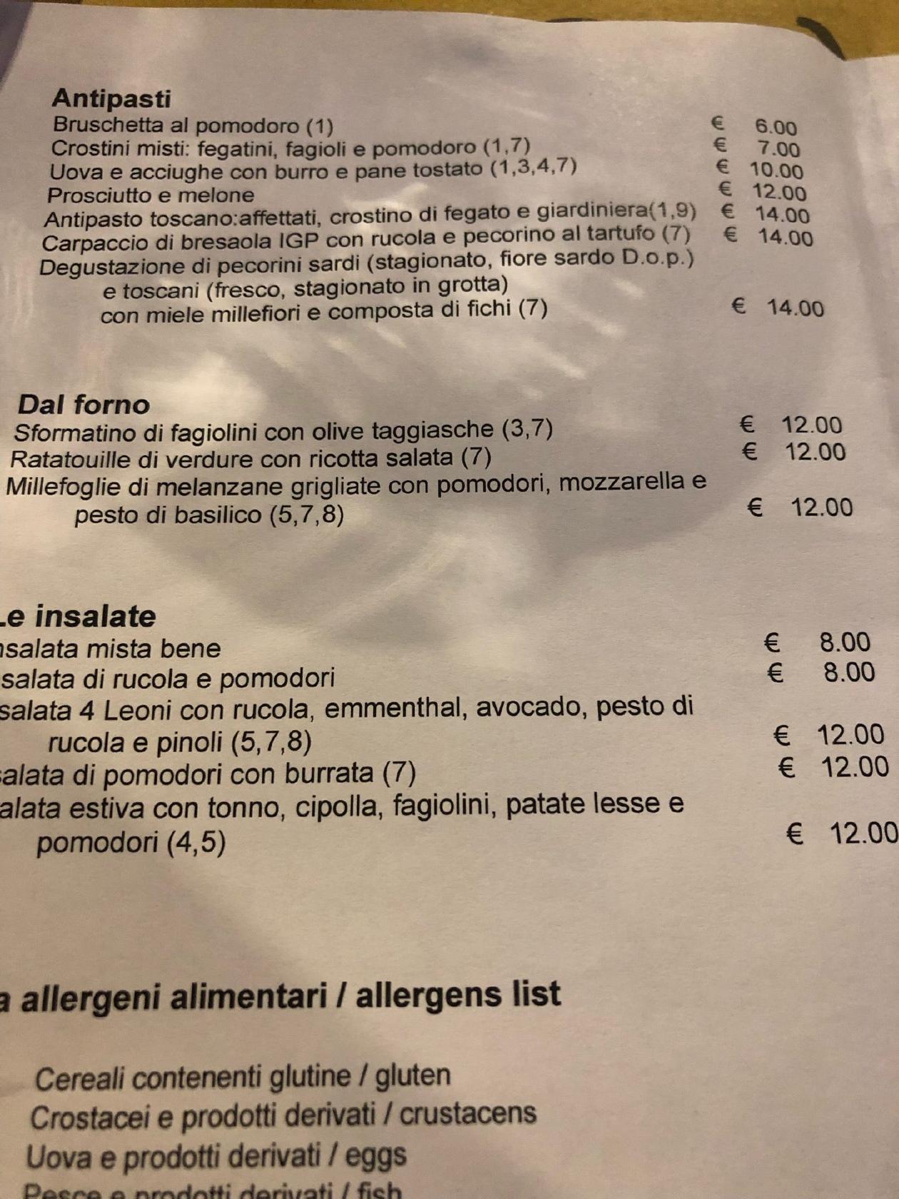 Speisekarte von 4 Leoni pizza, Florenz, Via dei Vellutini
