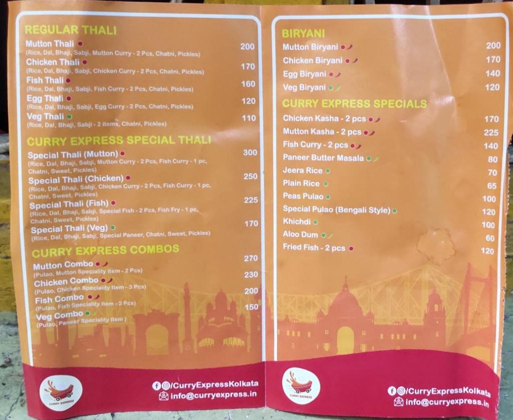 Menu at Curry Express, Kolkata