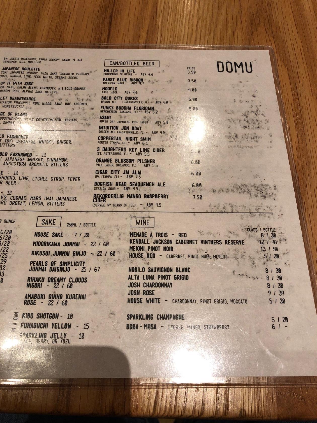 Menu at DOMU pub & bar, Jacksonville