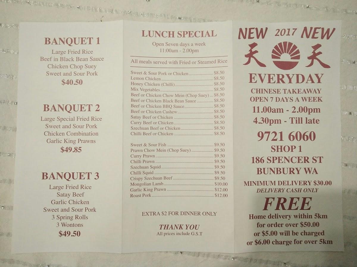 Menu at Everyday Chinese restaurant, Bunbury