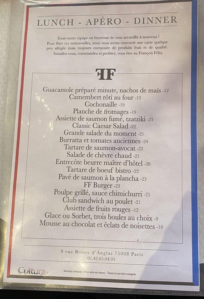 Menu au Bistrot François Felix restaurant, Paris