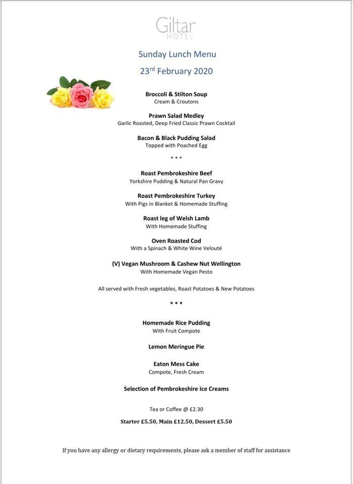 Menu at Giltar Hotel restaurant, Tenby