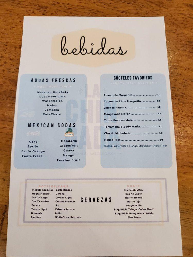 Menu at La Chingada Cocina Mexicana restaurant, Tucson