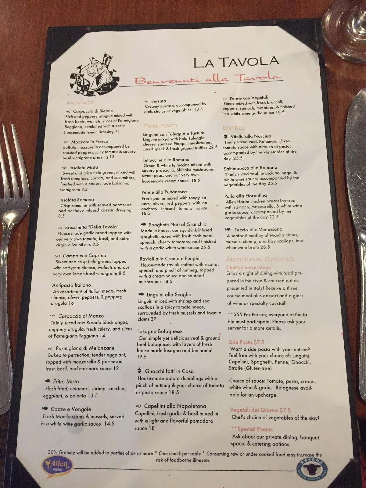 Menu at La Tavola pizzeria, Baltimore, 248 Albemarle St
