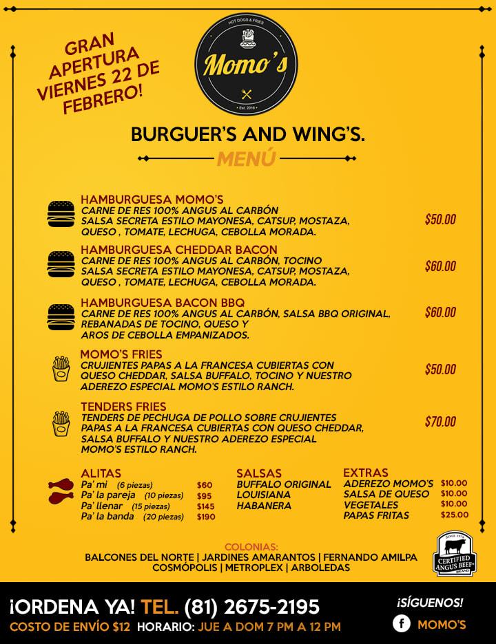 Menu at Momo' s Burguers and Wings restaurant, Mexico