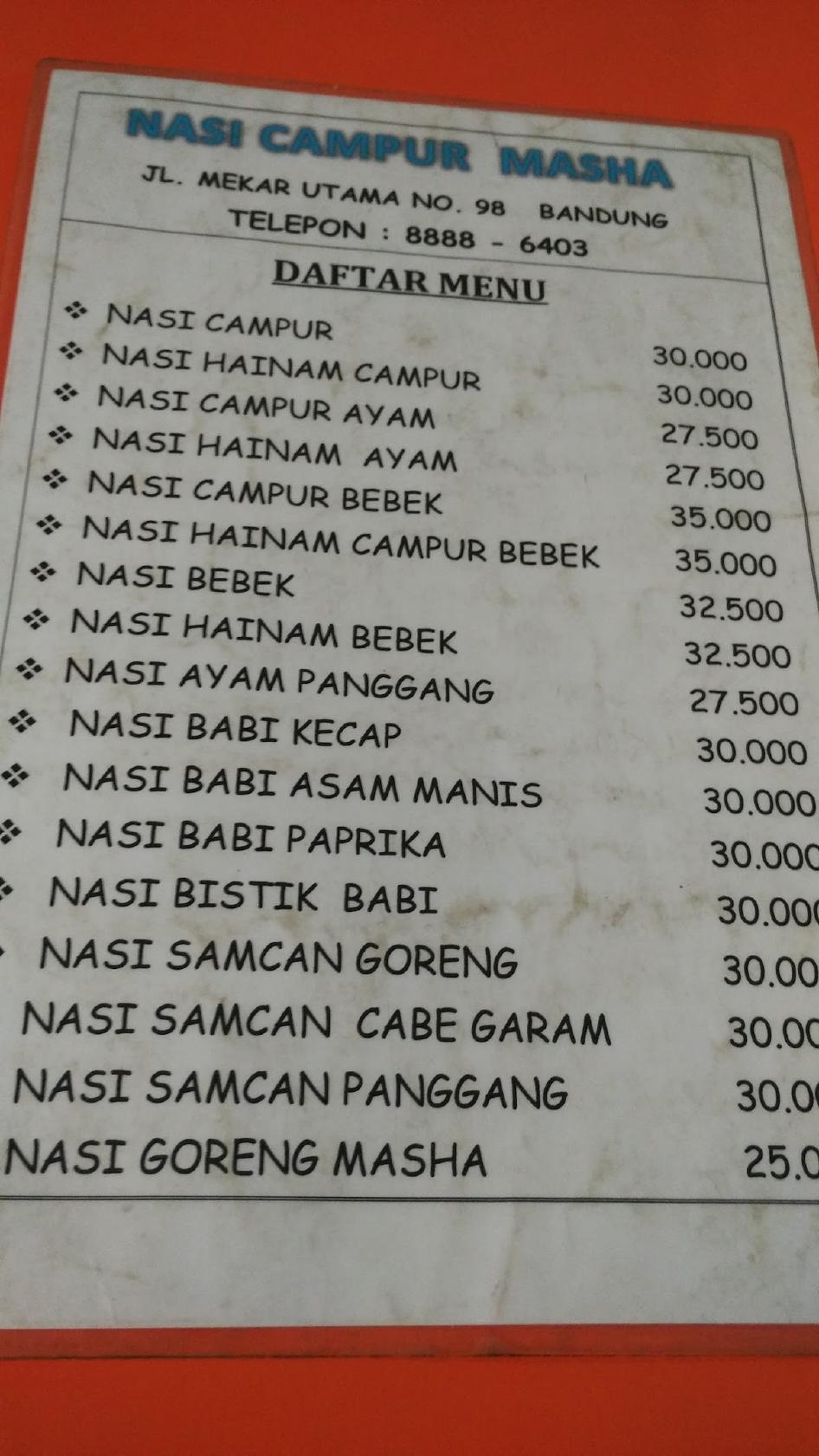 Menu at Nasi Campur Masha restaurant, Bandung