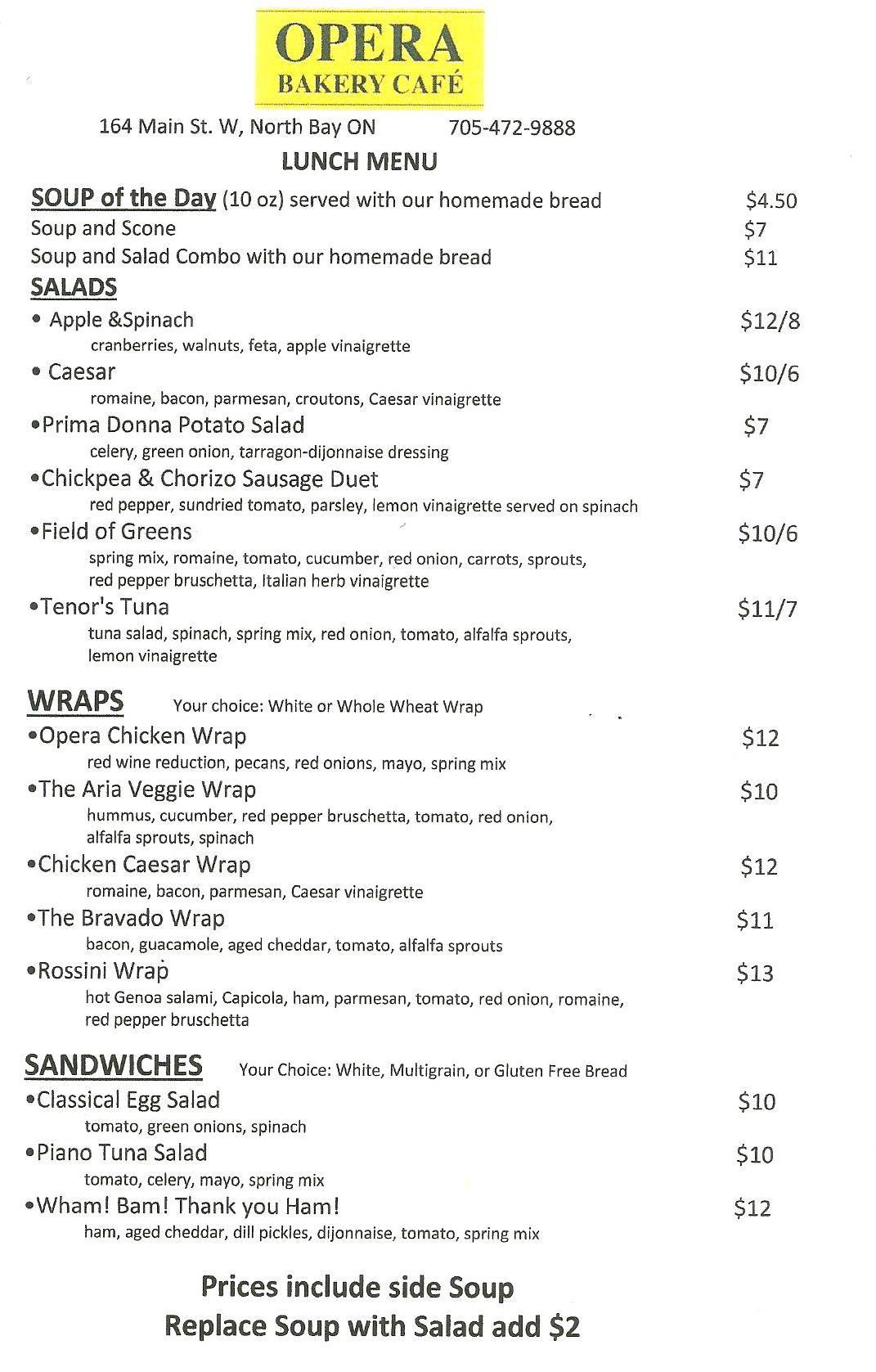 Menu at Opera Bakery Cafe, North Bay, 164 Main St W