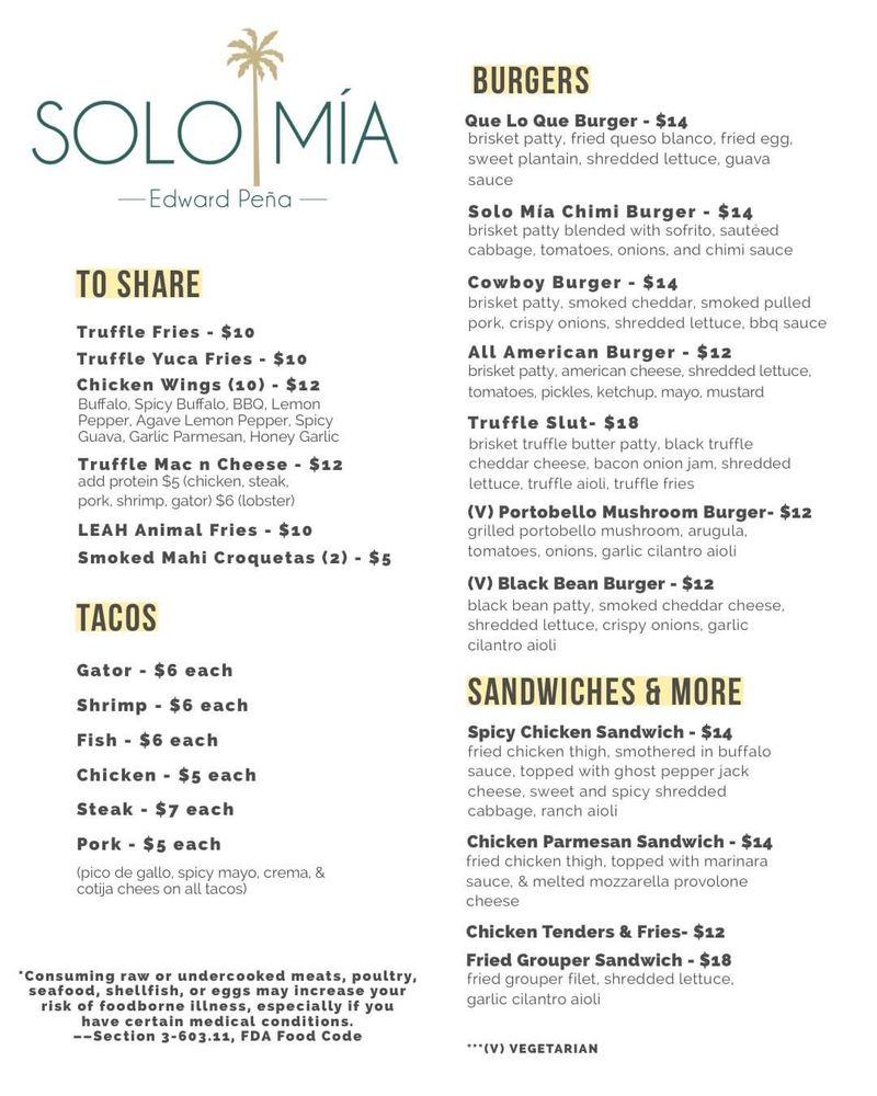 Carta del restaurante Solo Mía Wynwood, Miami