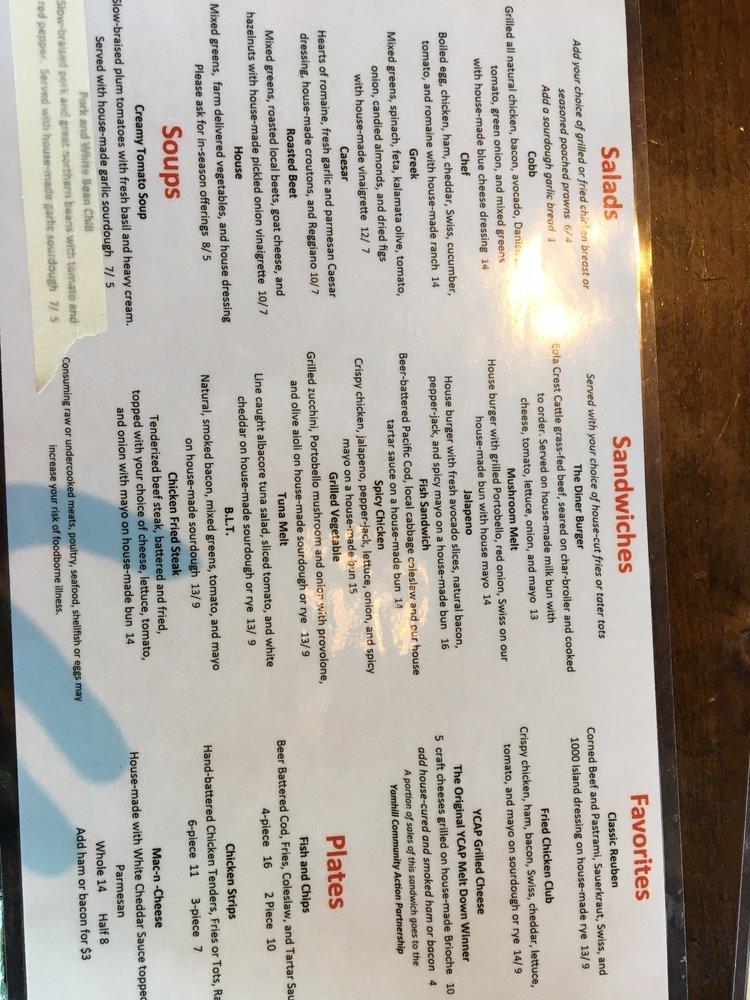 Menu at The Diner restaurant, McMinnville