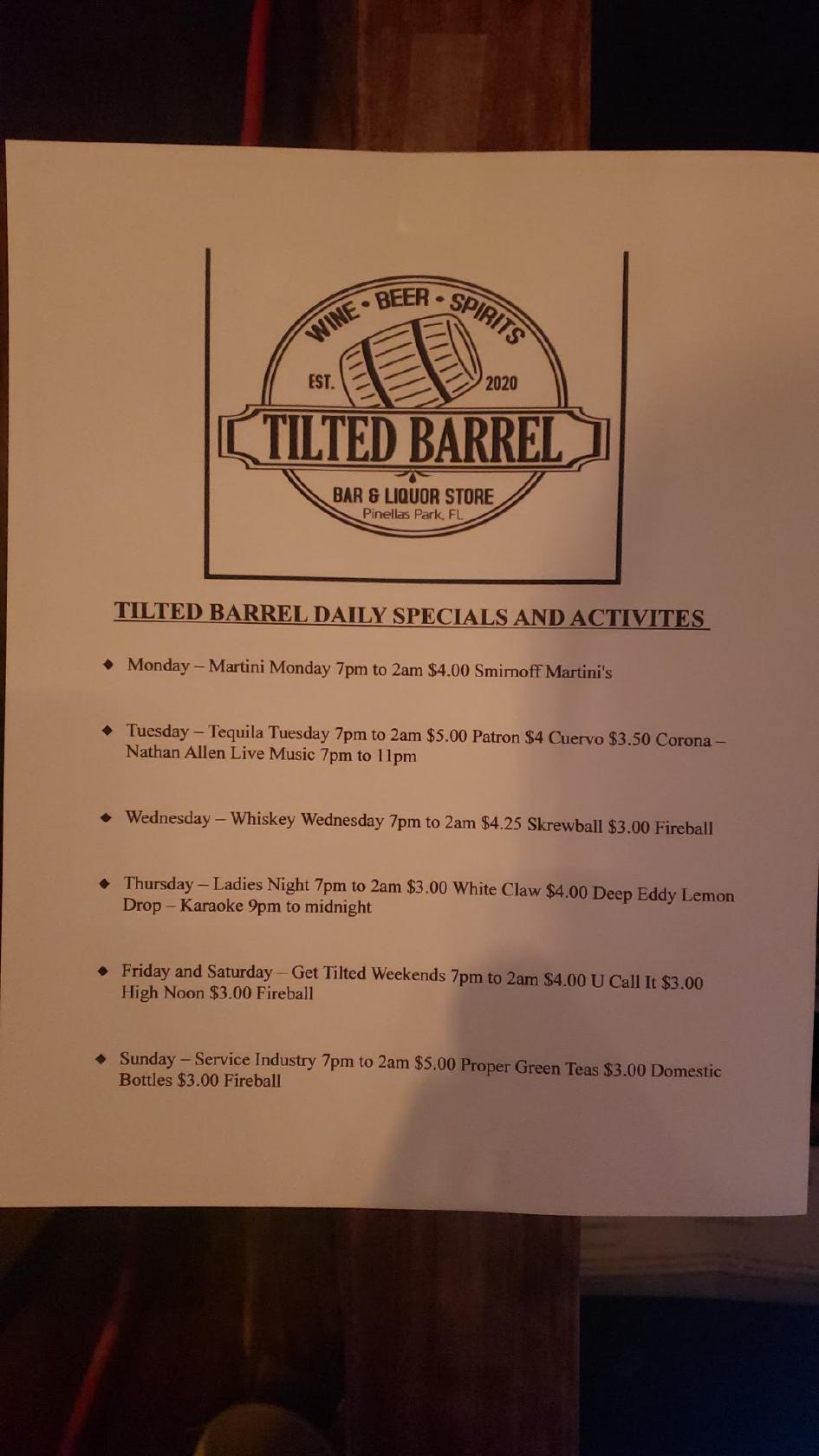 Menu at Tilted Barrel Bar, Pinellas Park