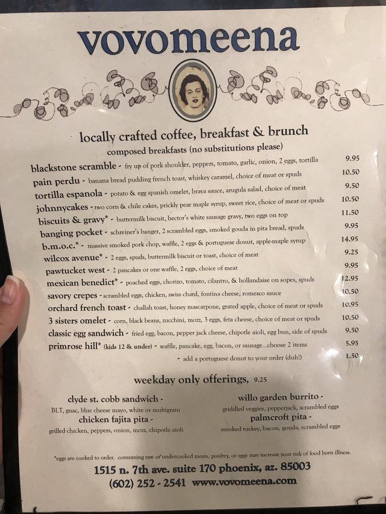 Menu at Vovomeena restaurant, Phoenix
