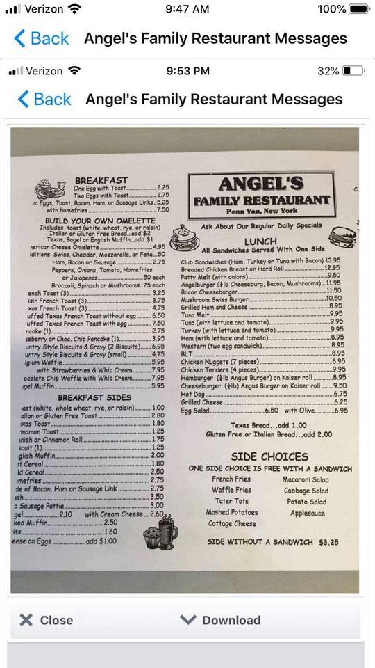 Menu at Angel's Family Restaurant, Penn Yan