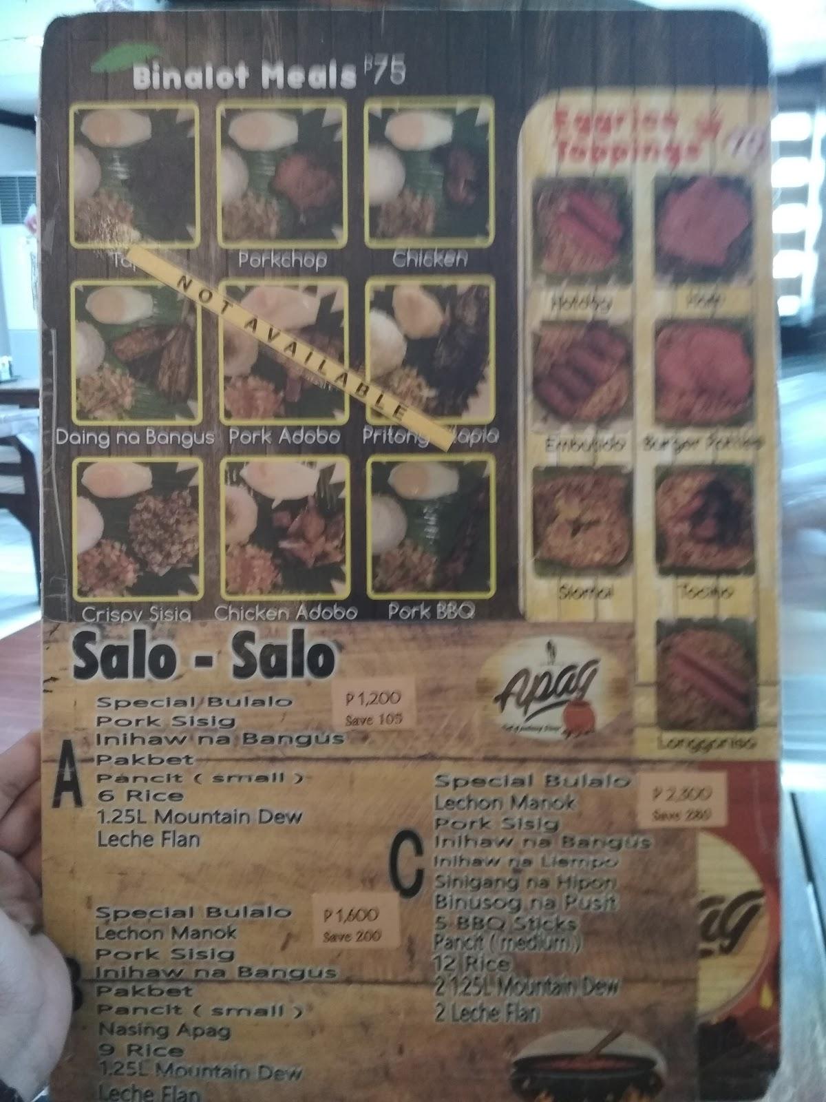 Menu at Apag restaurant, Tarlac City, Brgy
