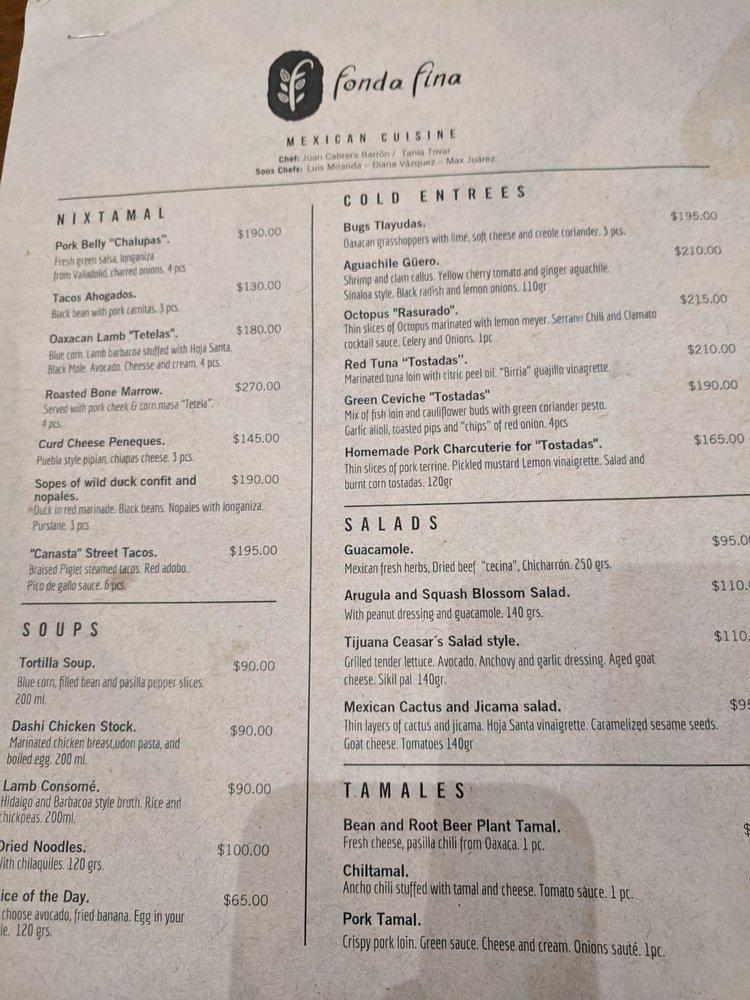 Menu at Fonda Fina restaurant, Ciudad López Mateos