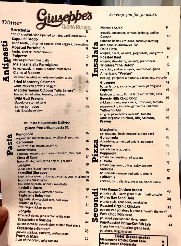 Menu at Giuseppe's Cucina Rustica pizzeria, San Luis Obispo