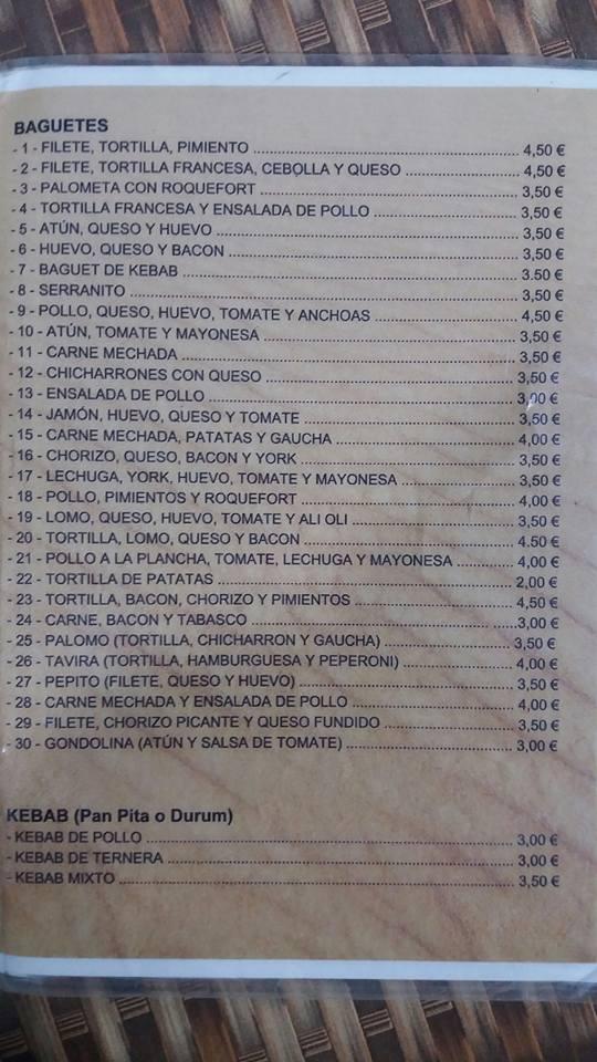 Menu at Hamburgueseria La Caleta restaurant, Cádiz