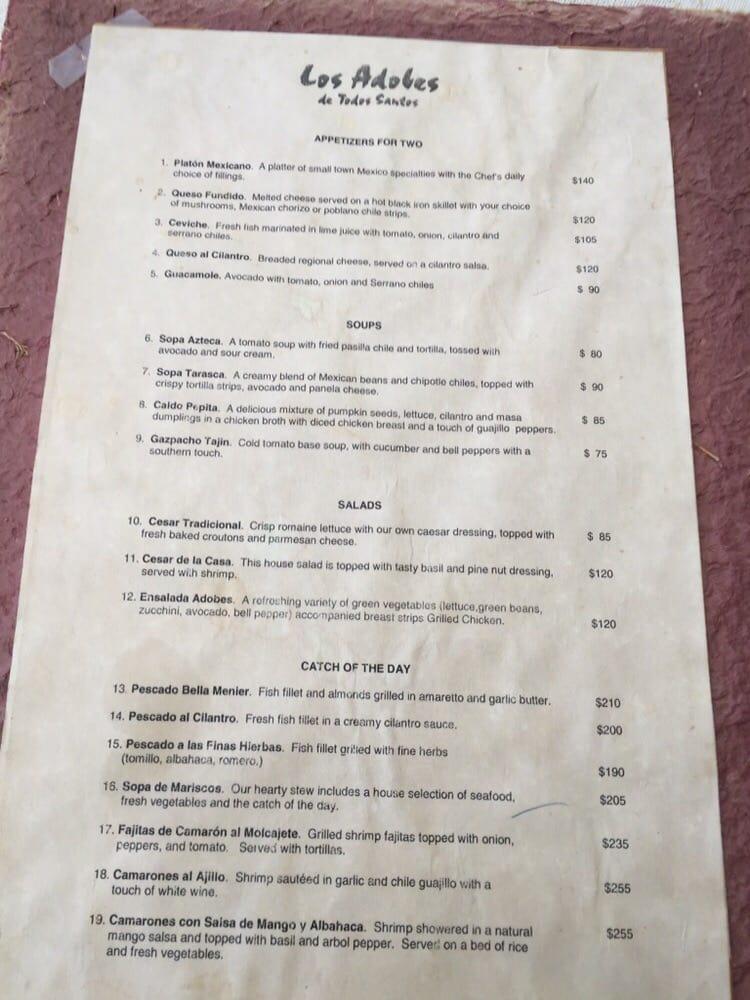 Carta del restaurante Los Adobes De Todos Santos, Todos Santos