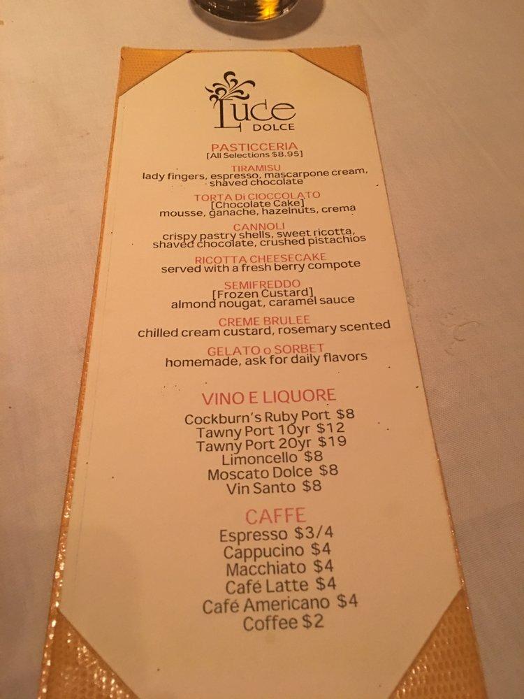 Menu at Luce restaurant, Charlotte