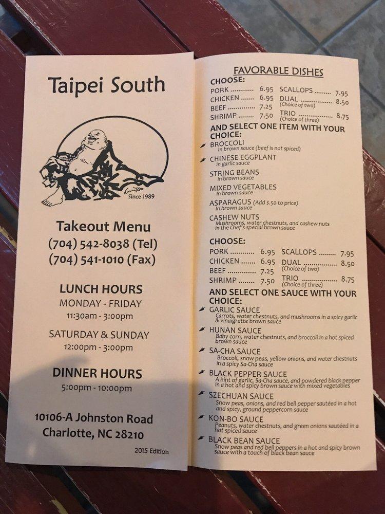 Menu at Taipei South restaurant, Charlotte