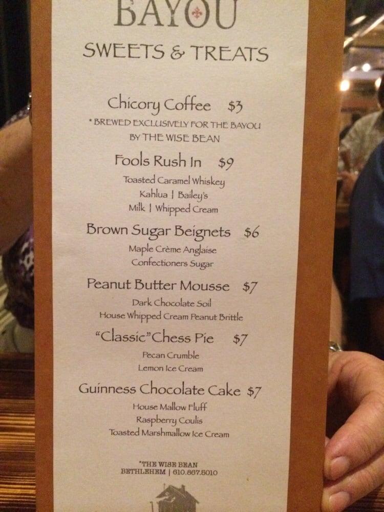 Menu at The Bayou restaurant, Bethlehem
