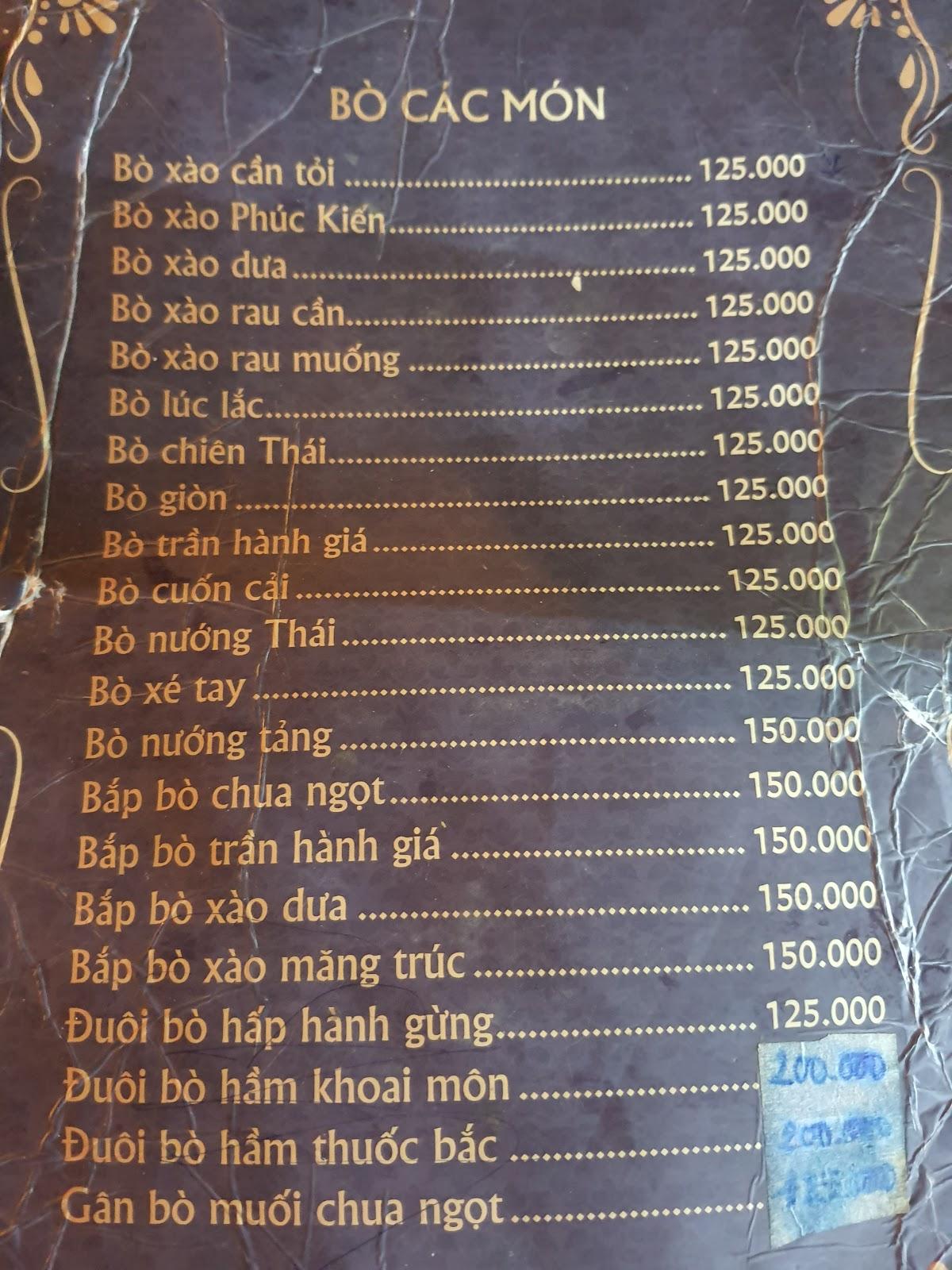 Menu at Bia Minh Châu restaurant, Hanoi