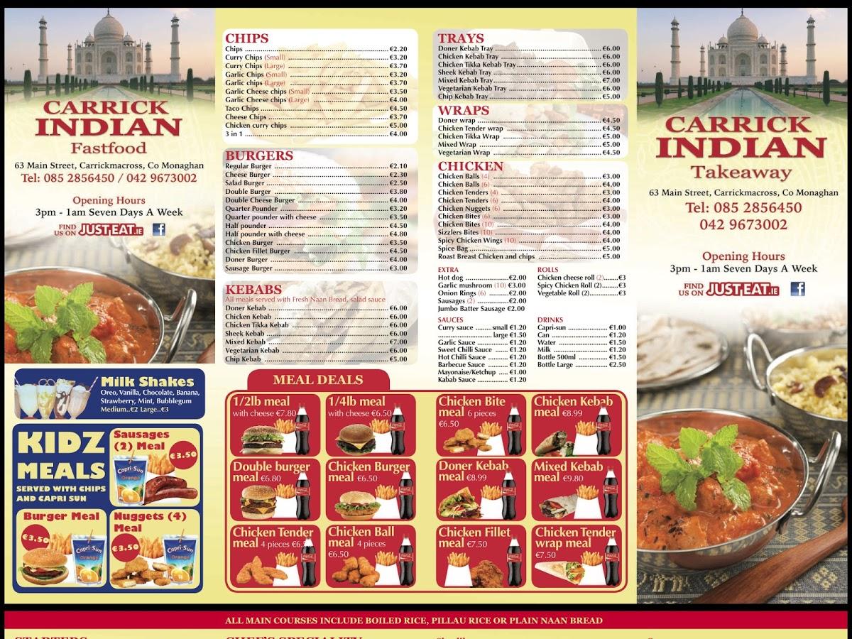 Menu at Carrick Indian takeaway restaurant, Carrickmacross