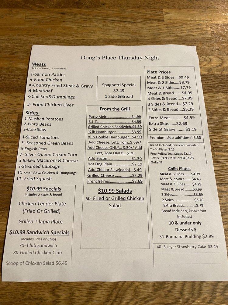 Menu at Doug's Place restaurant, Emerson, 696 GA-293