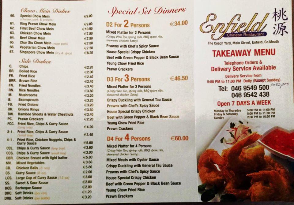 Menu at Enfield Chinese Restaurant, Ireland