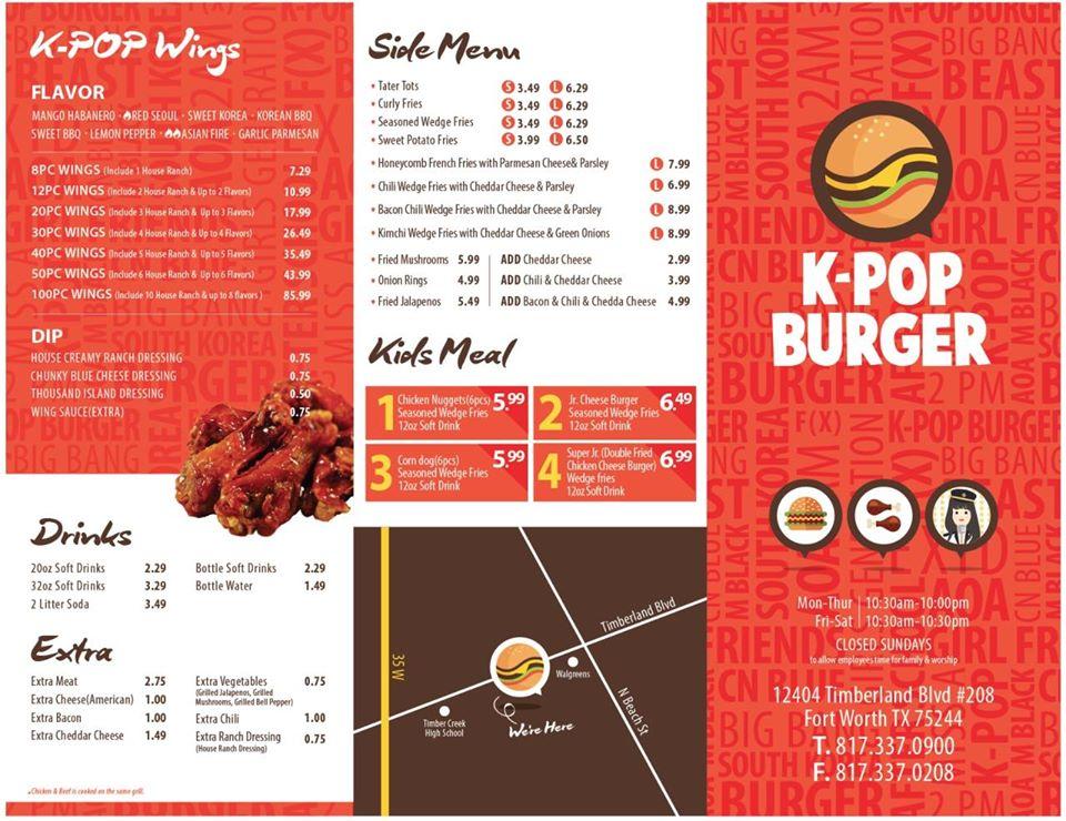 Menu at K-Pop Burger restaurant, Fort Worth