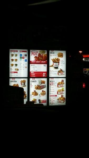 Menu at KFC fast food, Perry, Sam Nunn Blvd