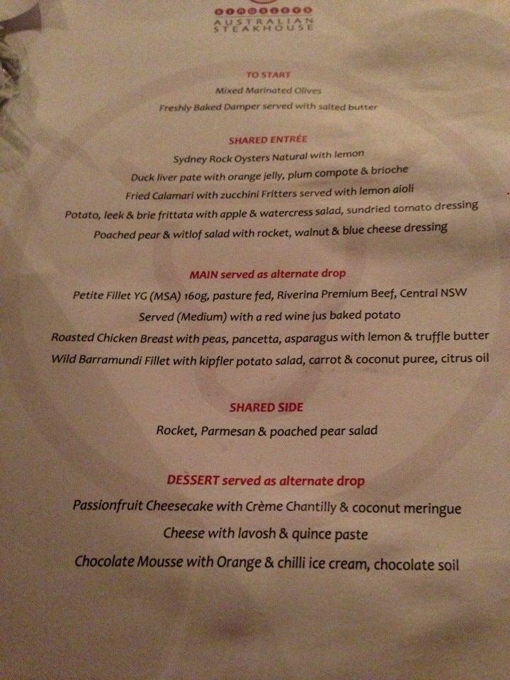 Menu at Kingsleys Australian Steakhouse, Sydney
