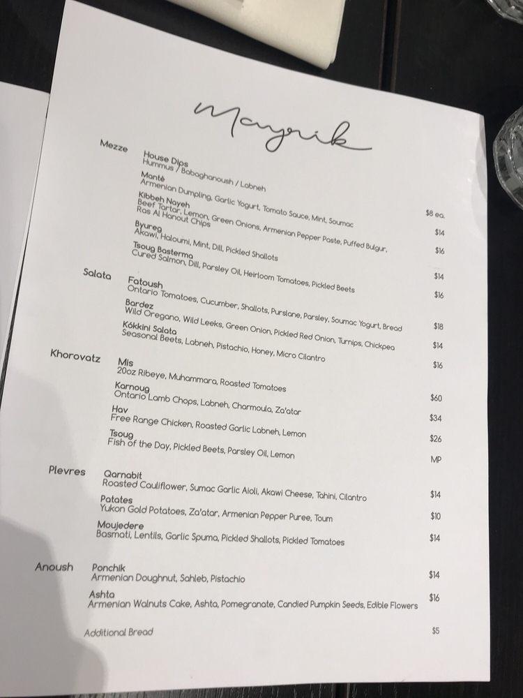 Menu at Mayrik restaurant, Toronto, Bayview Ave