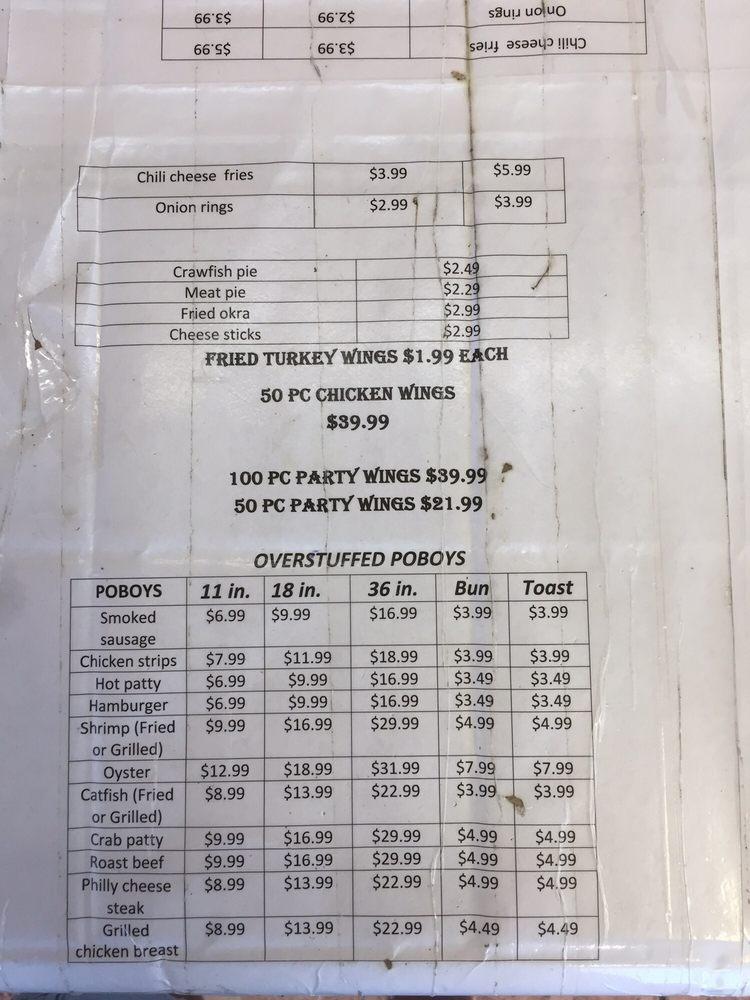Menu at New Orleans' Style Po Boys restaurant, Raceland