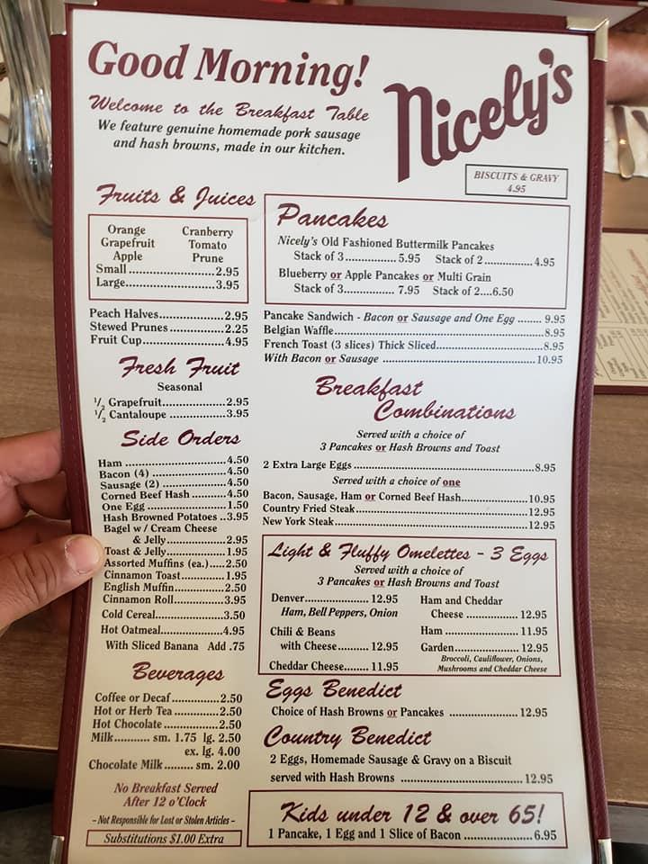 Menu at Nicely's Restaurant, Lee Vining